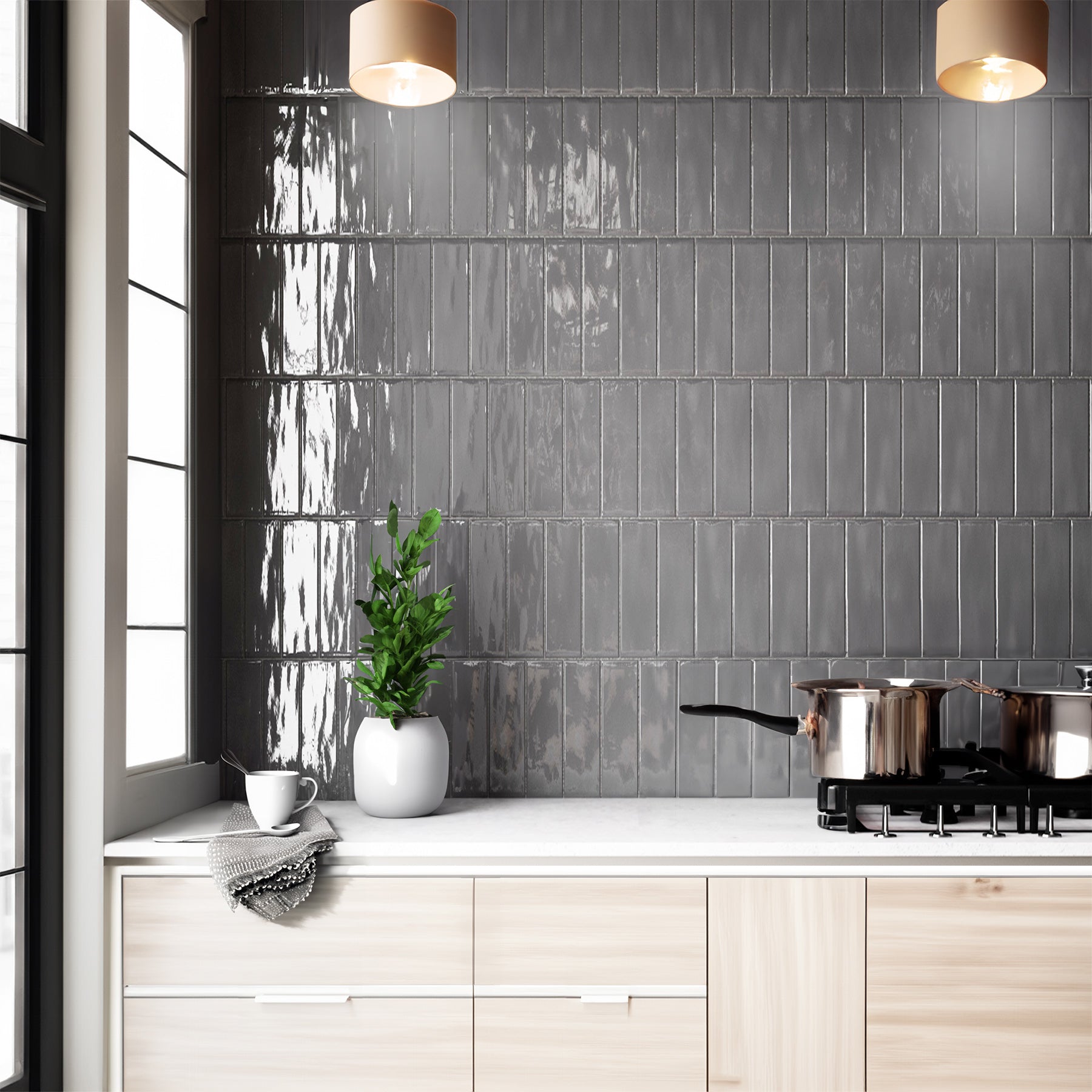 Corato Dark Grey Ceramic Gloss 7.5x30cm Metro Ripple Effect Wall Tile